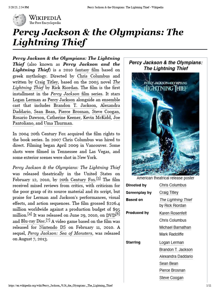 Percy Jackson & The Olympians - The Lightning Thief - Wikipedia | PDF