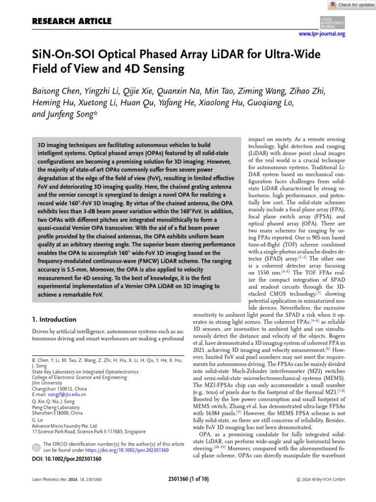 (2024) SiN On SOI Optical Phased Array LiDAR For Ultra Wide Field of View and 4D Sensing | PDF ...