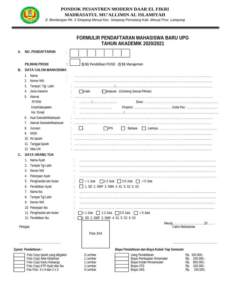 Formulir Pendaftaran Mahasiswa Baru Upg | PDF
