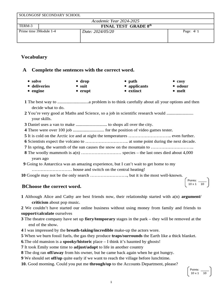 Grade 8 Final Test Vocabulary & Grammar | PDF | Thought | Creativity
