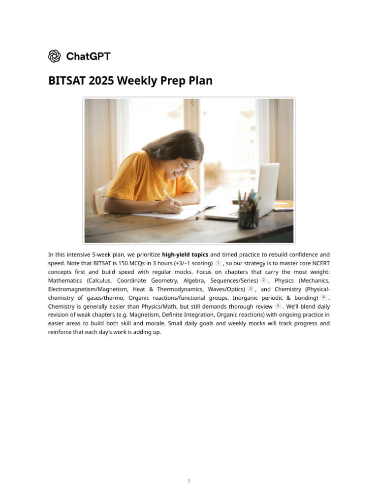 BITSAT 2025 Weekly Prep Plan | PDF | Physics | Integral