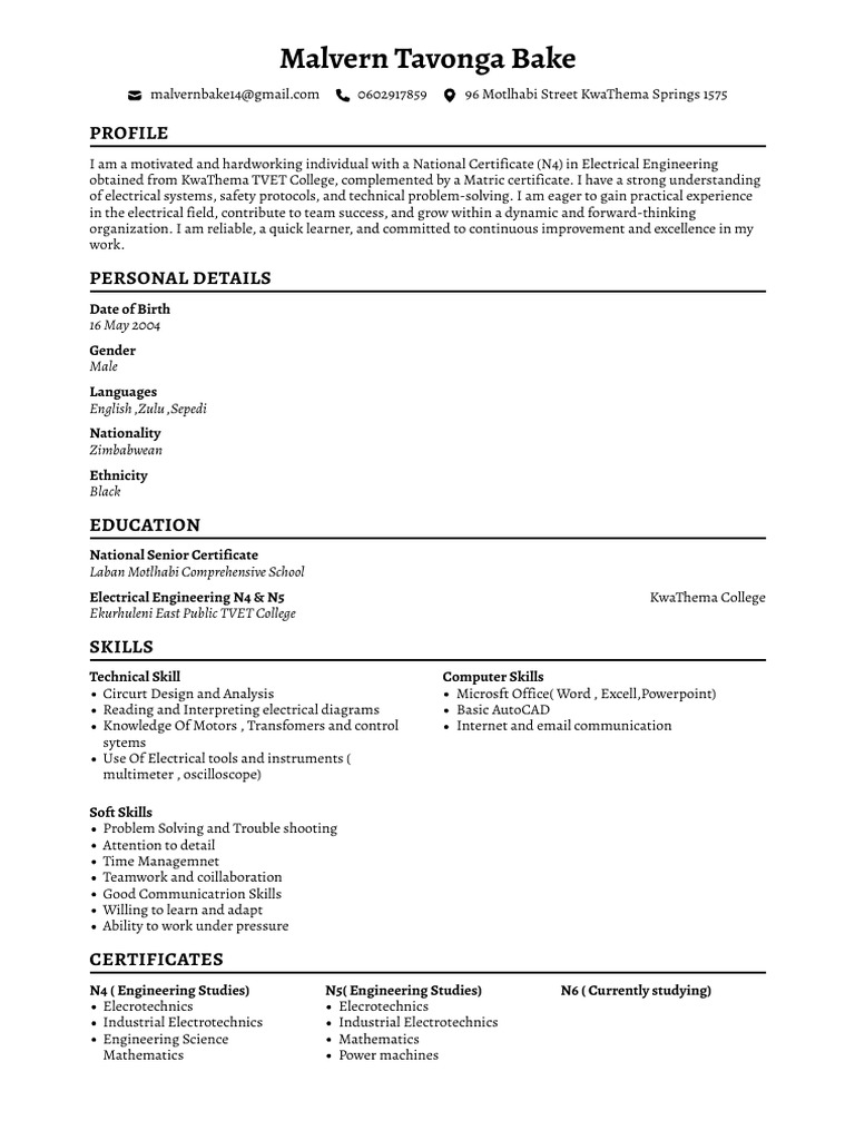 Malvern Tavonga Bake FlowCV Resume 20250407 | PDF | Electrical Engineering | Engineering