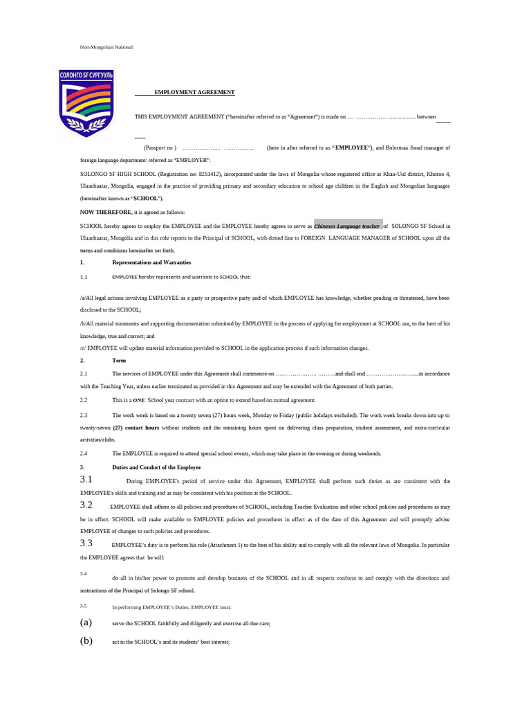 Contract-with-Solongo-SF-School-Khaji 2024-2025 | PDF | Employment | Salary