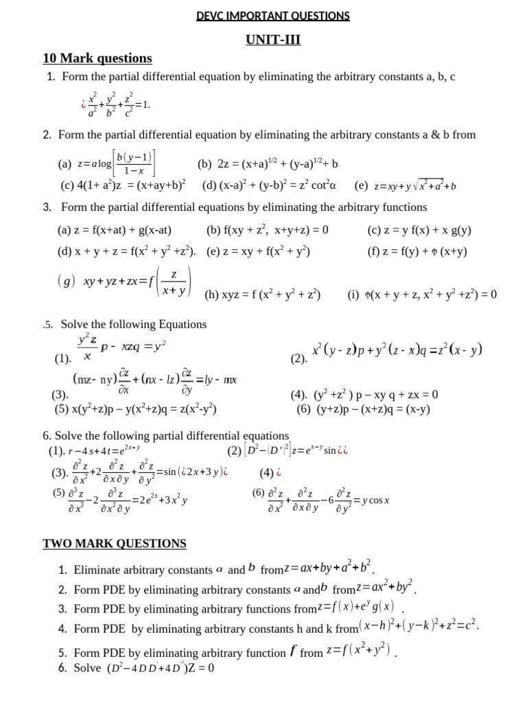 DEVC UNIT-3,4,5 IMP QUESTIONS New 2024 | PDF | Partial Differential Equation | Linear Algebra
