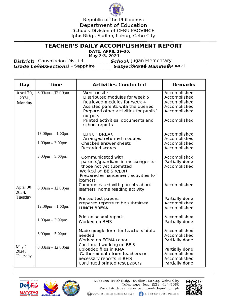 Teacher Daily Accomplishment Report | PDF | Computing | Information ...