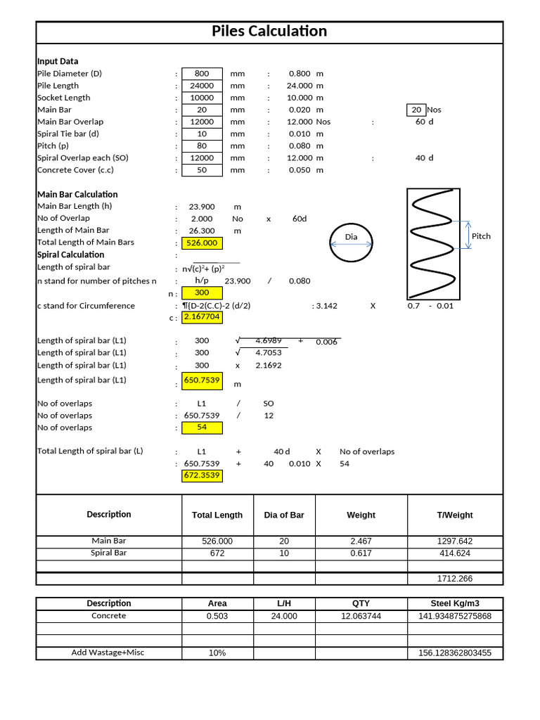 Piles Calculation-Concrete+Rebar | PDF