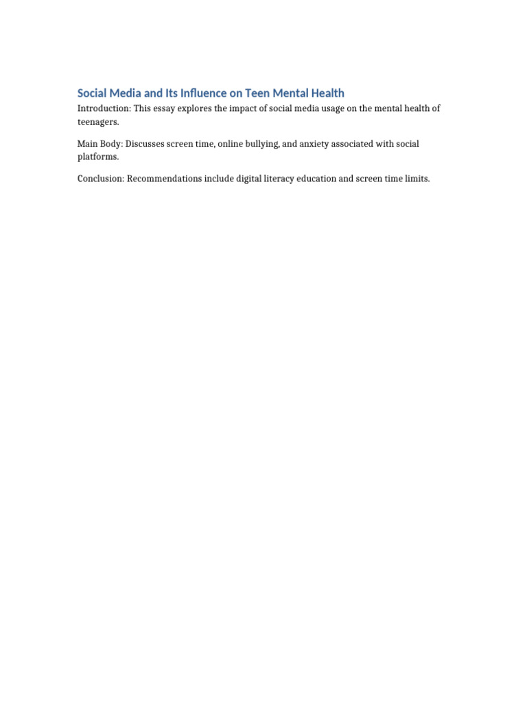 Teen Mental Health Social Media Essay | PDF