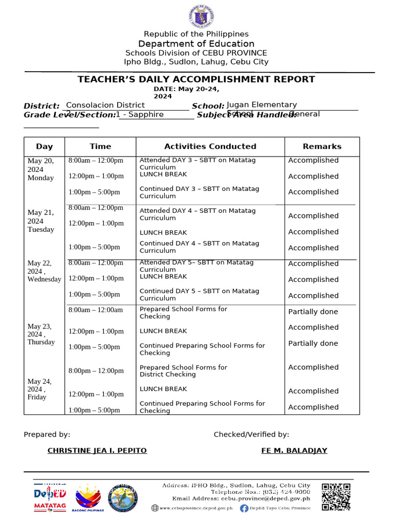 WFH-Teacher's Daily Accomplishment Report-8th | PDF