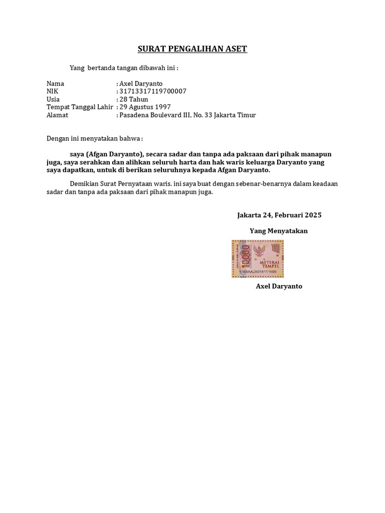 SURAT PERNYATAAN pengalihan aset axel afgan | PDF