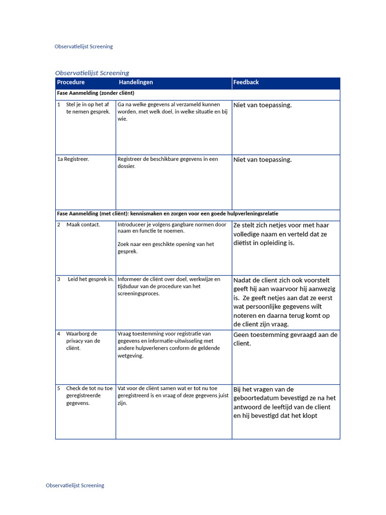 Observatielijst Screening | PDF