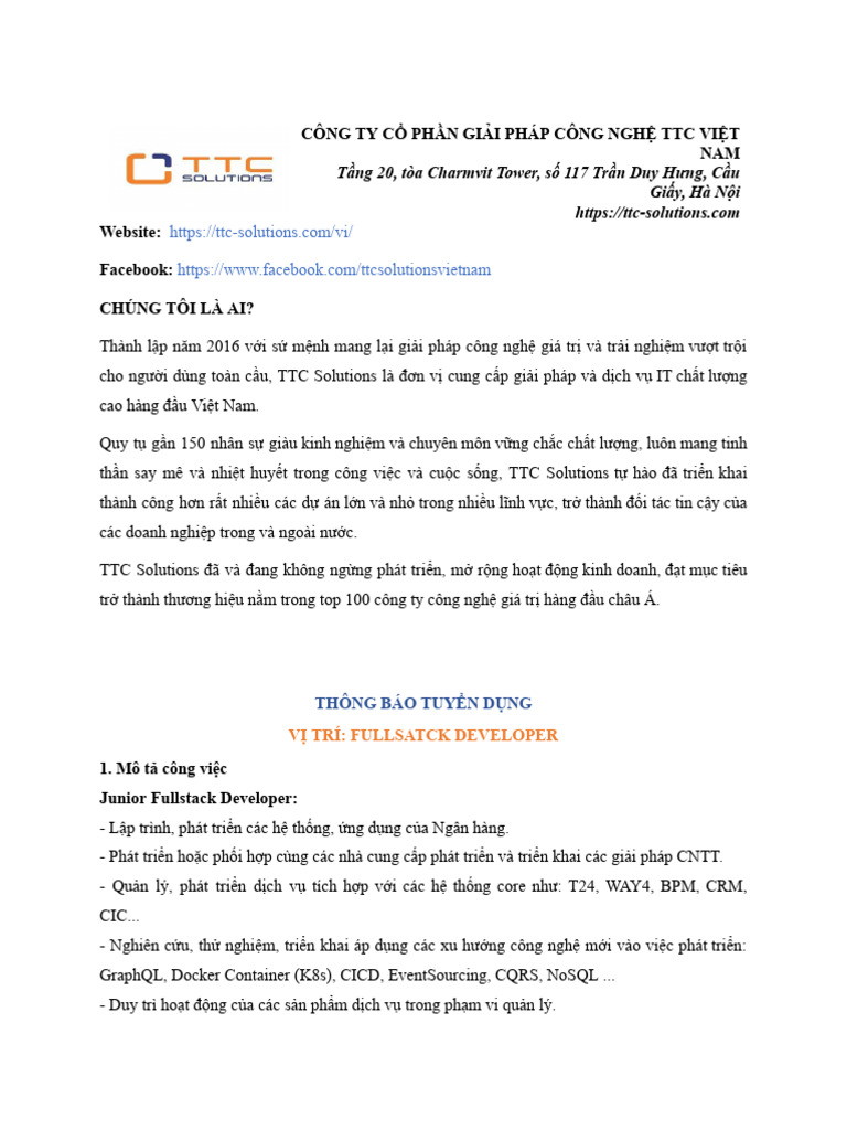 TTC SOLUTIONS Fullstack Developer MB | PDF