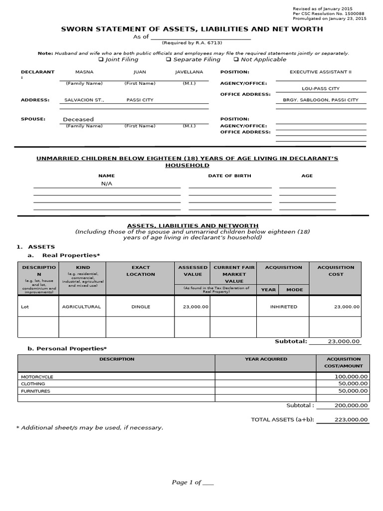 Sworn Statement of Assets and Liabilities | PDF | Net Worth