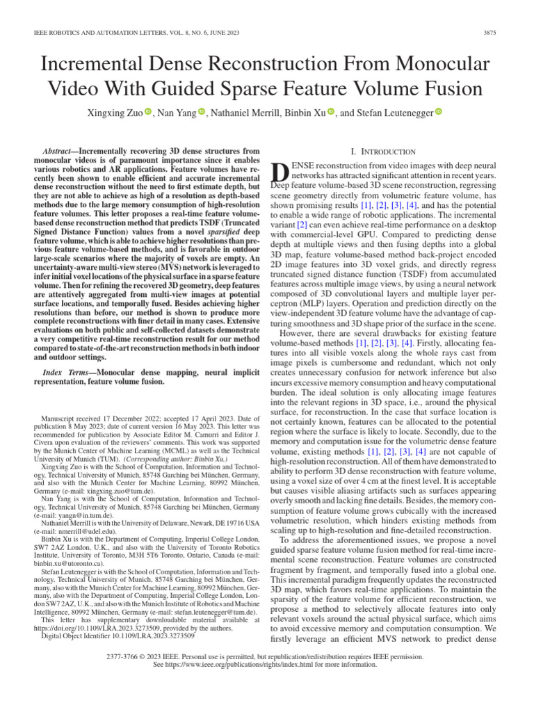 Incremental Dense Reconstruction From Monocular Video With Guided Sparse Feature Volume Fusion ...