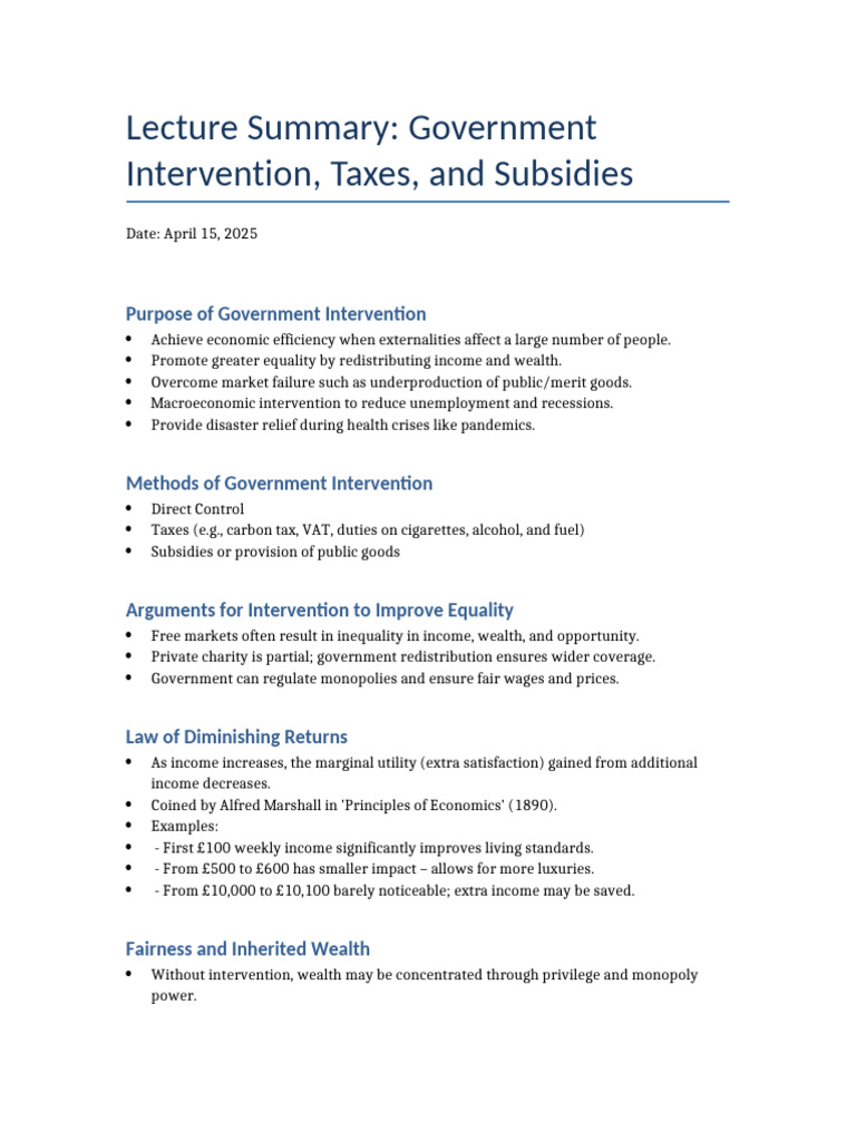 Government Intervention Taxes Subsidies Summary | PDF