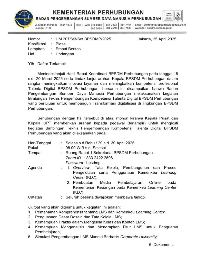 20250425102321SRT Undangan Bimtek Talenta Digital UPT | PDF