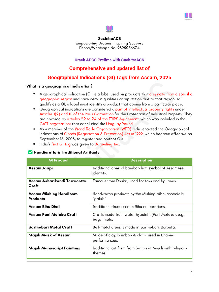 Assam GI Tags List 2025 for APSC | PDF