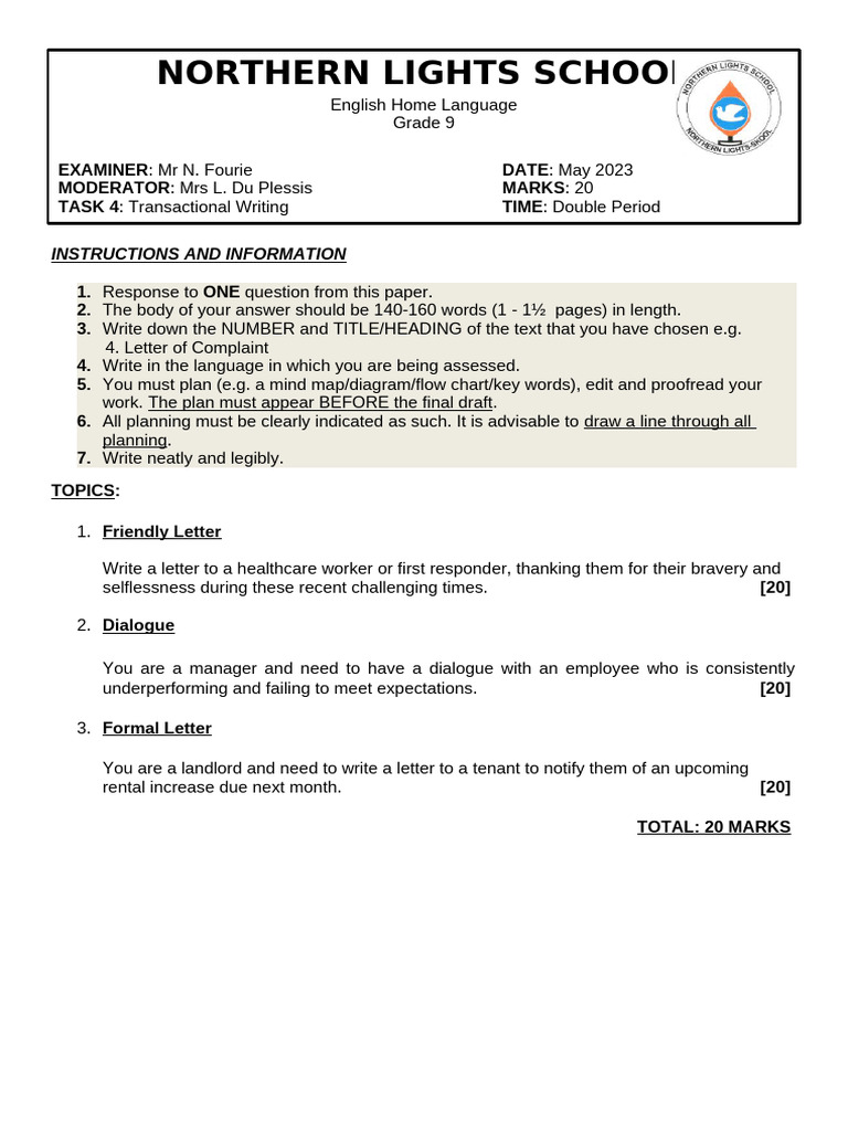 GR 9 - Task 4 - Transactional Writing | PDF