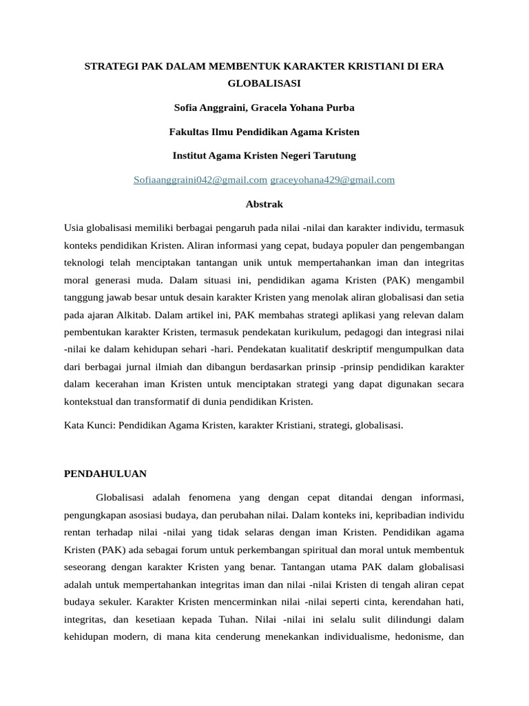 Strategi Pak Dalam Membentuk Karakter Kristiani Di Era Globalisasi | PDF