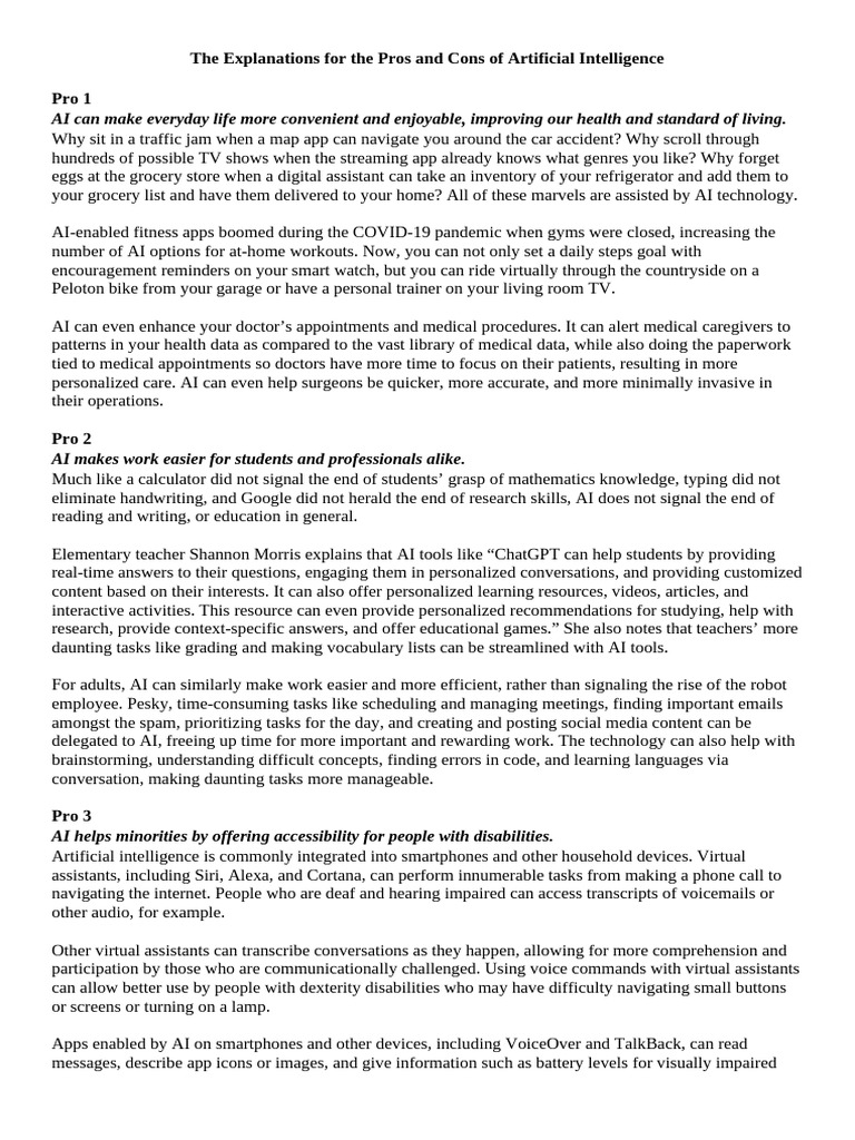 Explanations For The Pros and Cons of Artificial Intelligence | PDF ...