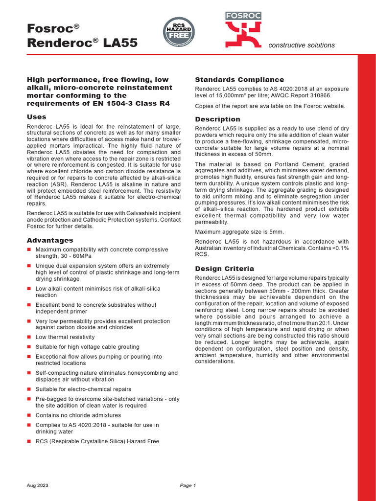 Fosroc Renderoc LA55 TDS | PDF | Concrete | Applied And ...