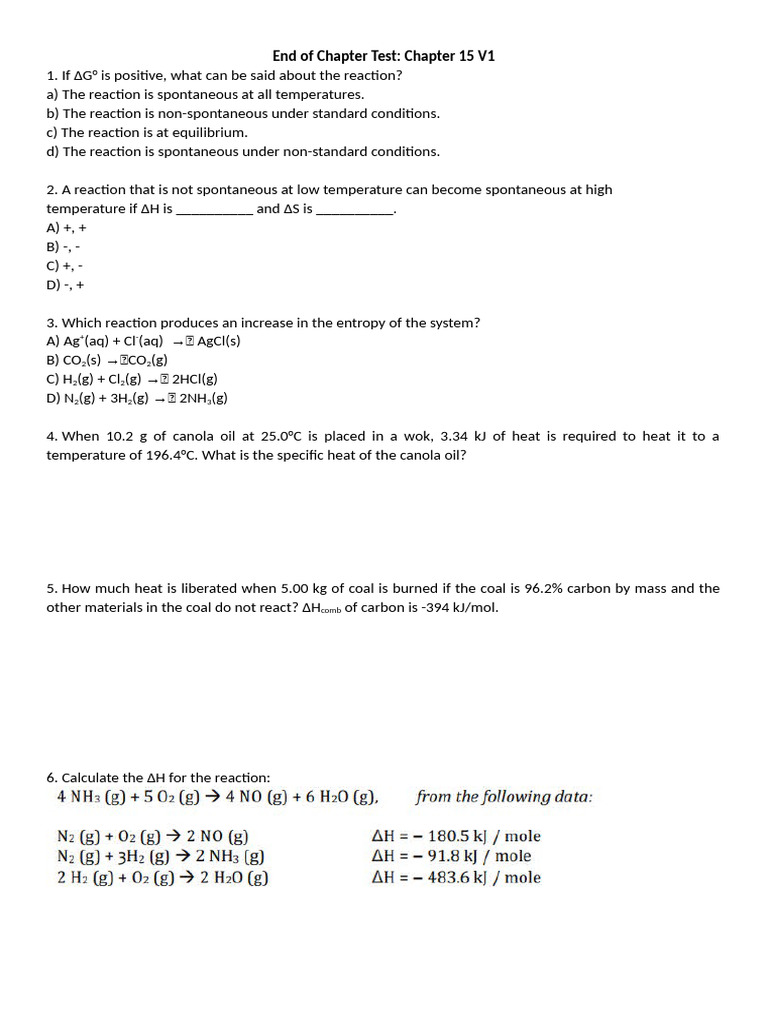 Chapter Test Energy and Chemical Change | PDF