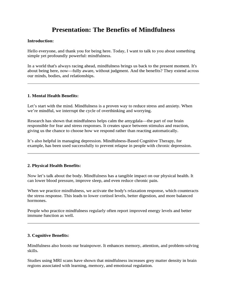 Presentation - The Benefits of Mindfulness | PDF | Mindfulness | Stress ...