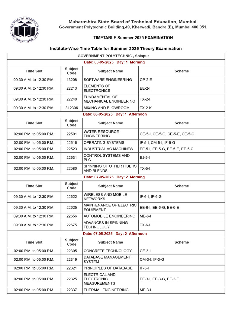Time Table For Summer 2025 Theory Examination | PDF | Engineering ...