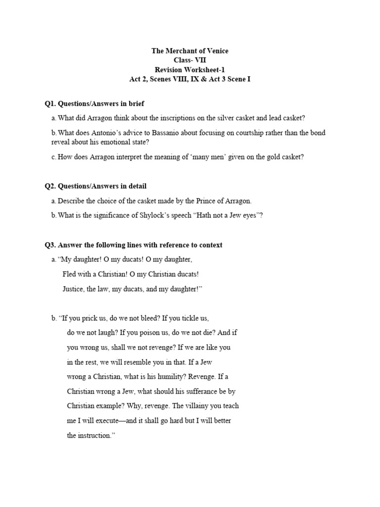 The Merchant of Venice_Revision worksheet 1 | PDF