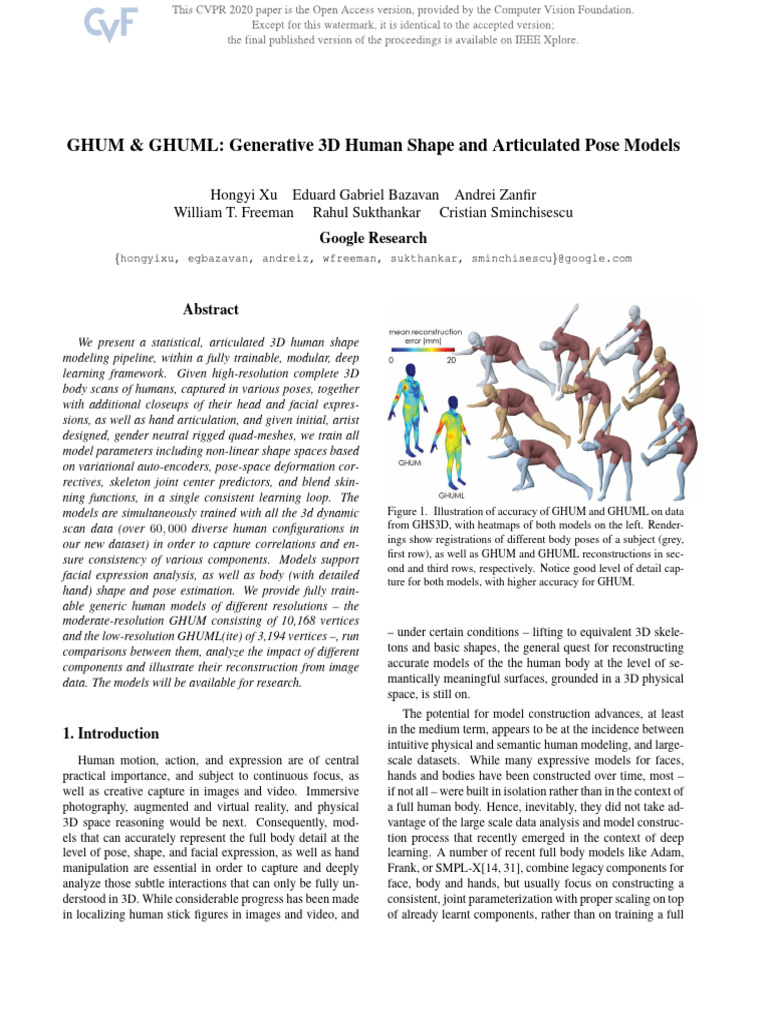 Xu GHUM GHUML Generative 3D Human Shape and Articulated Pose CVPR 2020 Paper | PDF | Principal ...