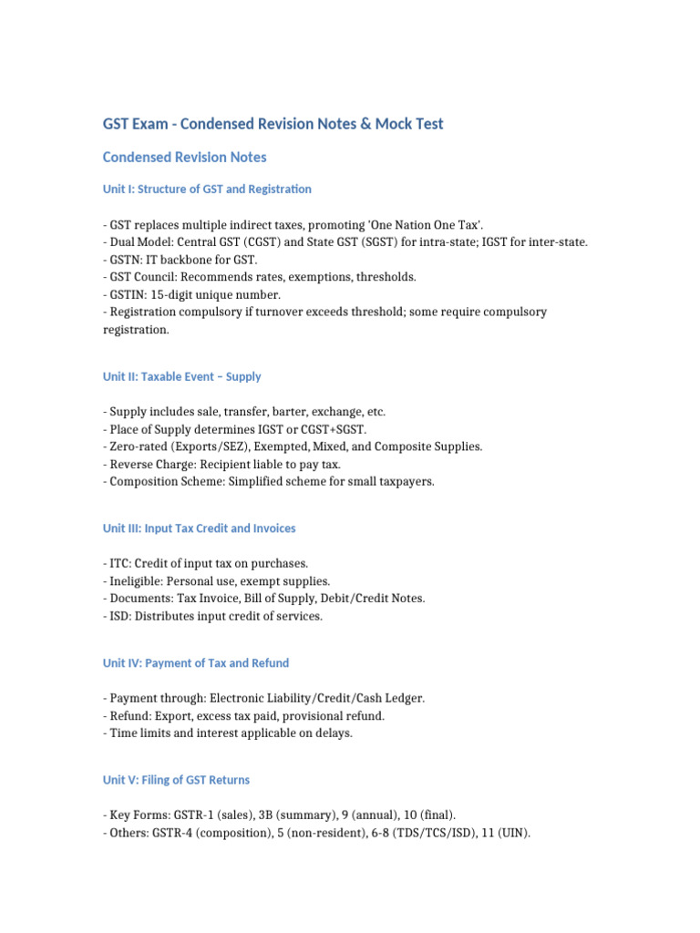 GST Revision Notes and Mock Test | PDF