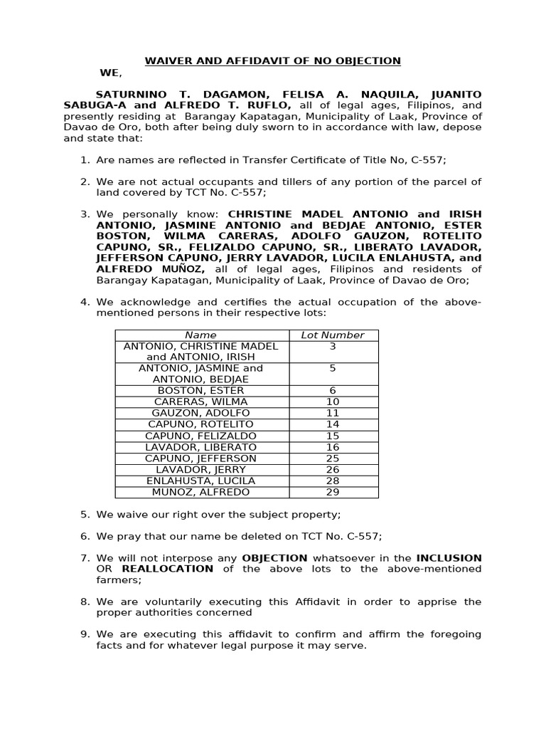 Waiver and Affidavit of No Objection | PDF | Affidavit | Evidence