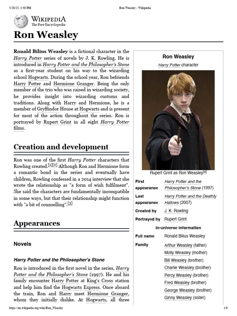 Ron Weasley - Wikipedia | PDF | Mythography | Harry Potter