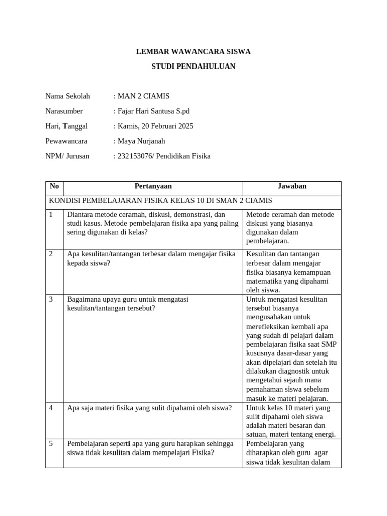 Lembar Wawancara Guru | PDF