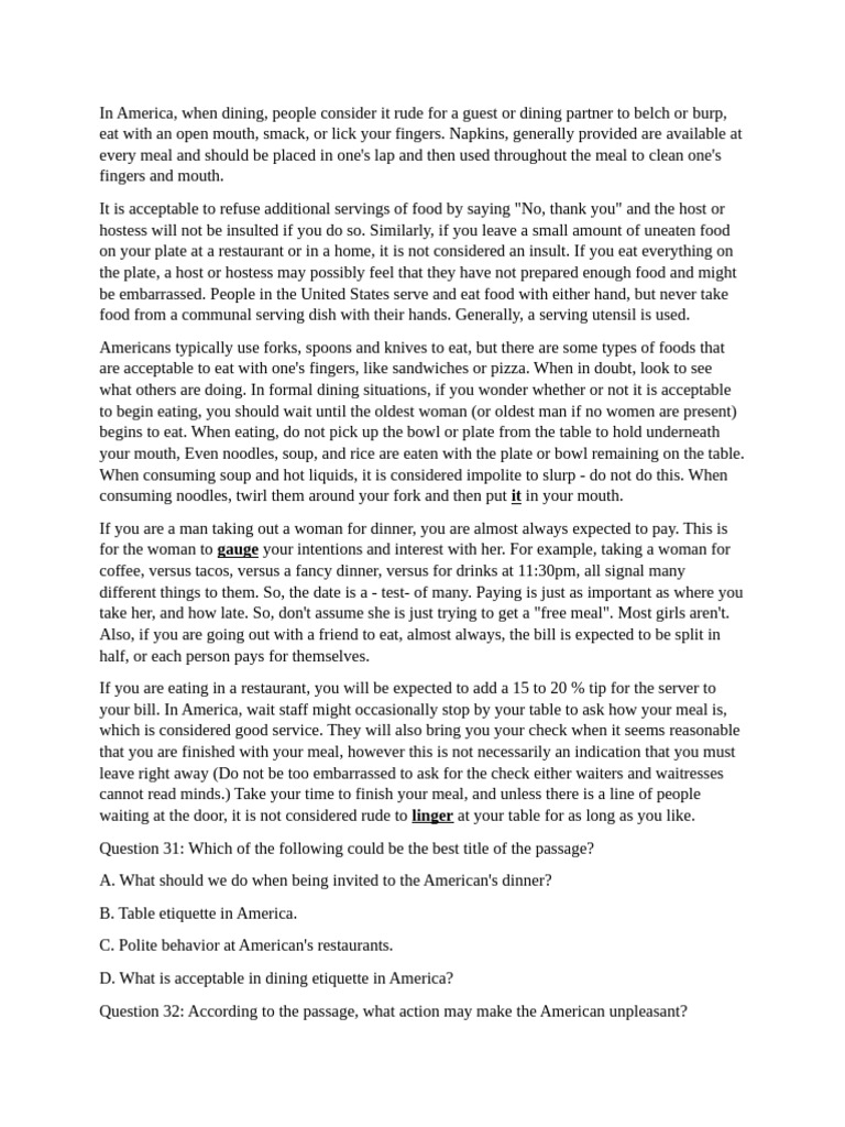 Bài đọc hiểu số 5 | PDF | Waiting Staff | Tableware