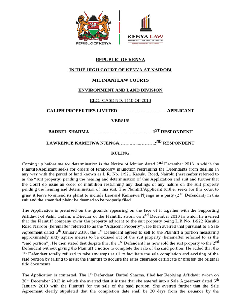 Caliph Properties Limited v Barbel Sharma Another 2015KEELC748(KLR) | PDF | Lawsuit | Legal Remedy