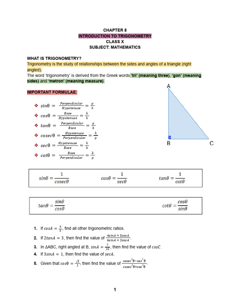 CHAPTER 8_ INTD. TO TRIGONOMETRY(CLASS 10) | PDF