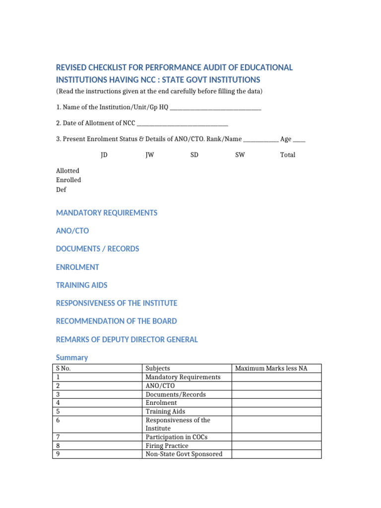 NCC Performance Audit Checklist | PDF