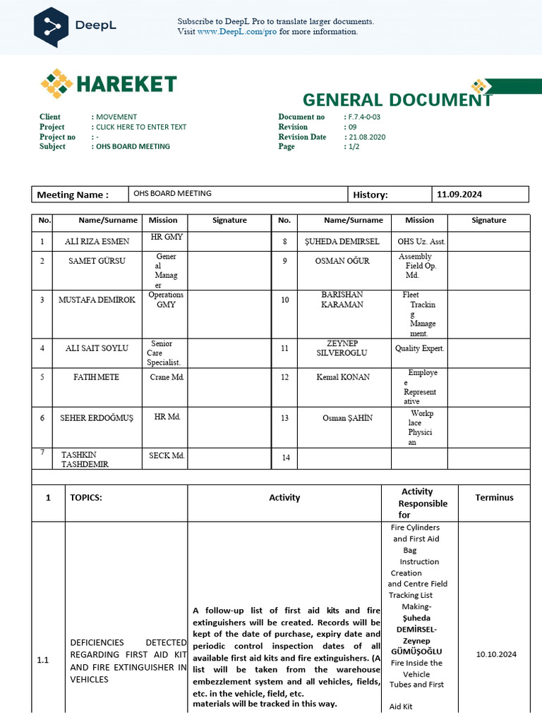 F.7.4-0-03 HSE Meeting-Eylül 2024 en | PDF