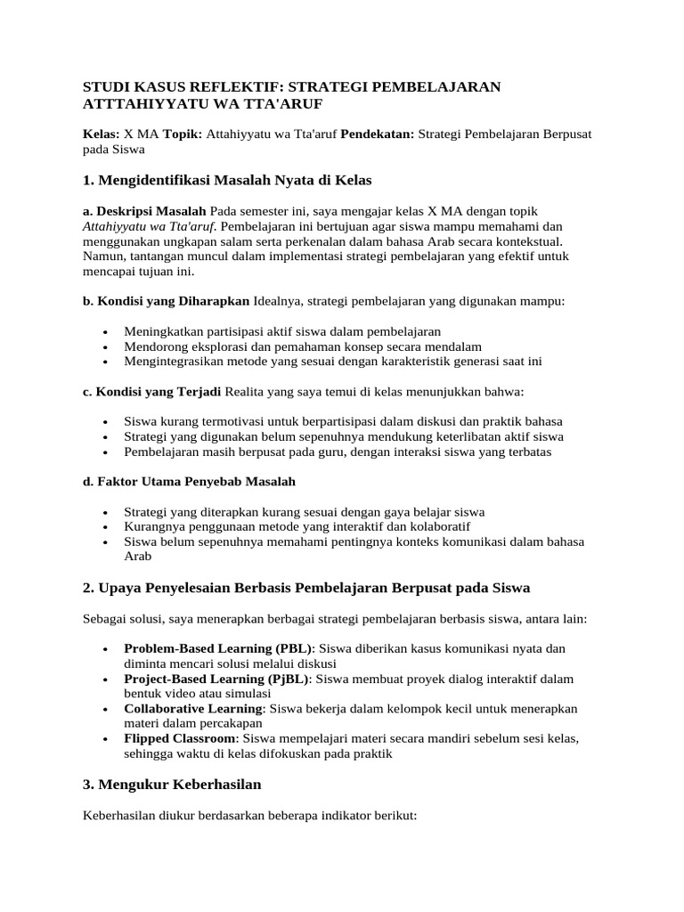 STUDI KASUS REFLEKTIF Strategi Pembelajaran | PDF