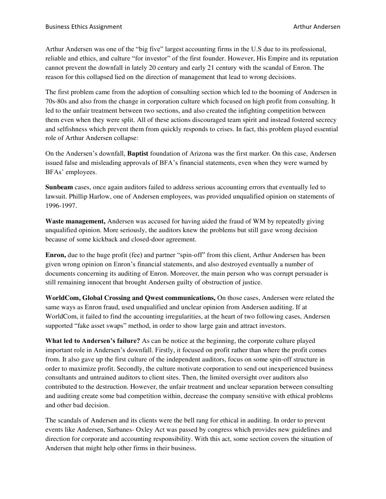 Business Ethics: Arthur Andersen Collapse | PDF | Financial Audit | Enron