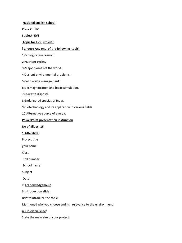 EVS Project Guidelines for Class XI | PDF