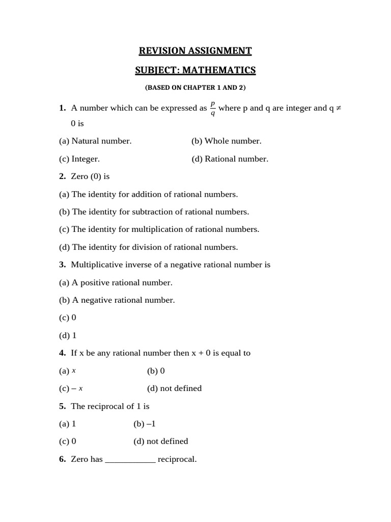 Revision Assignment Class 8 Maths | PDF | Rational Number | Numbers