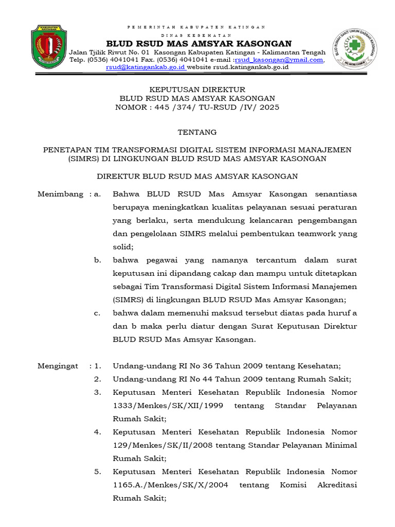 Sk Tim Transformasi Digital Sistem Informasi Manajemen (Simrs) (1) | PDF