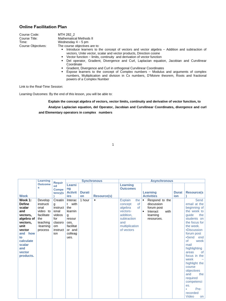 MTH282 Online Facilitation Plan | PDF | Calculus | Multivariable Calculus