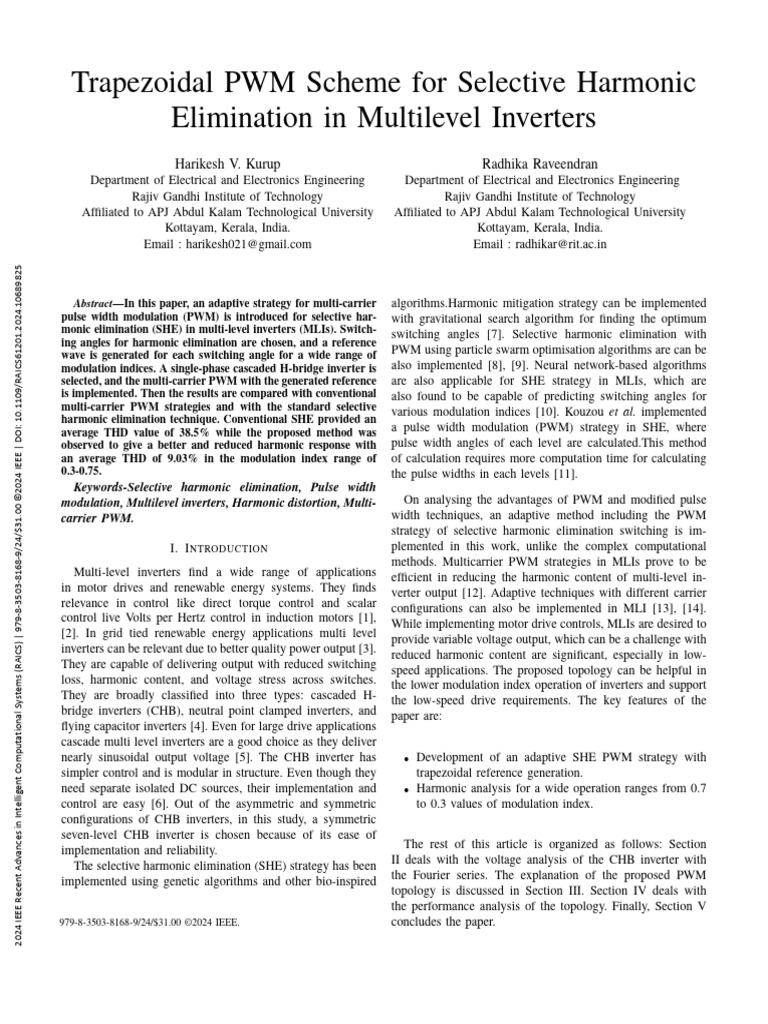 Trapezoidal PWM Scheme For Selective Harmonic Elimination in Multilevel Inverters | PDF | Power ...