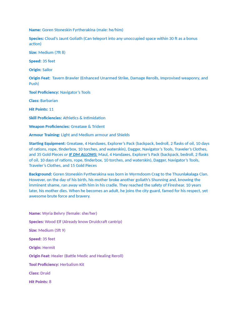 Premade Character Descriptions | PDF