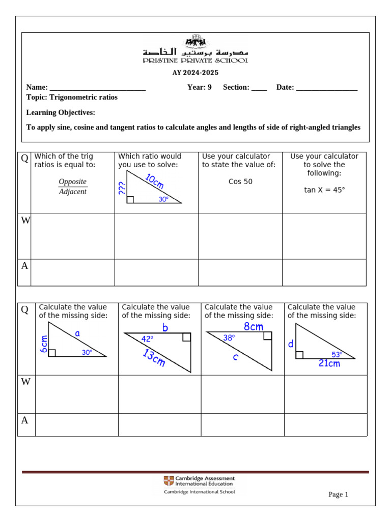 Trigonometric Ratios Worksheet 1 | PDF | Trigonometric Functions ...
