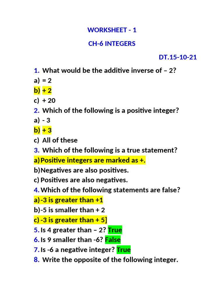 WORKSHEET 1 - CL - 6 - INTEGERS | PDF