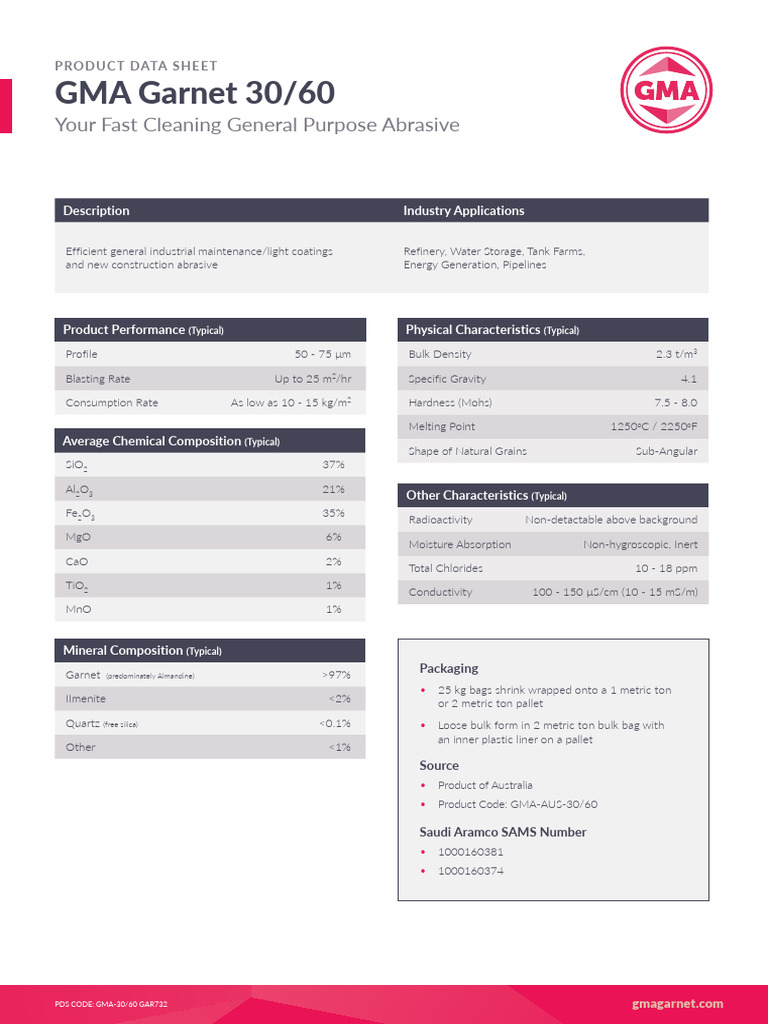 GMA Garnet 30/60 Product Data Sheet | PDF | Abrasive | Chemical Substances