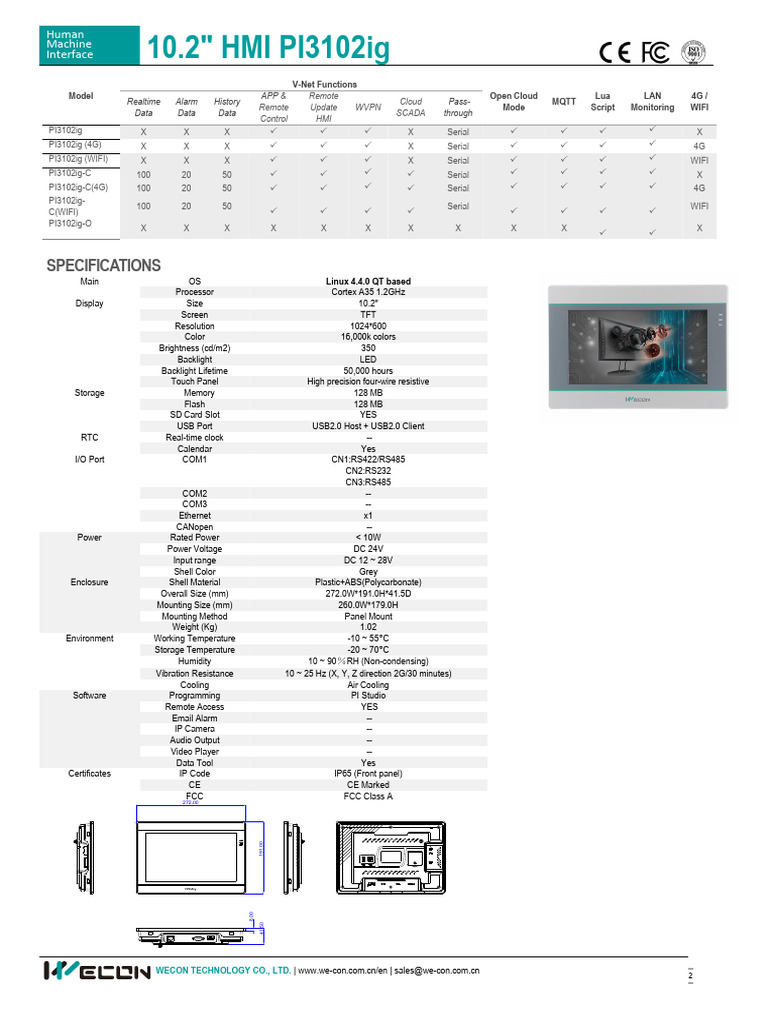 HMI - Wecon PI3102ig Series Data Sheet | PDF | Usb | Wi Fi